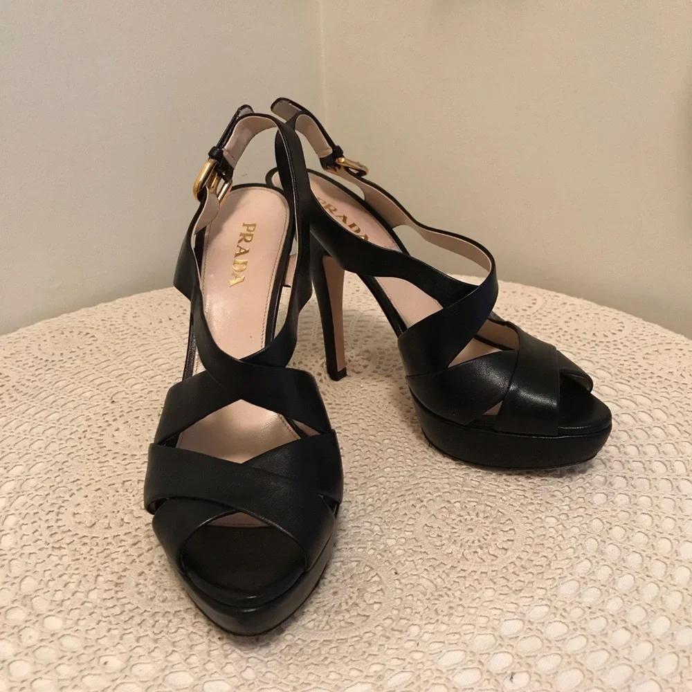 Prada | Shoes | Prada Black Strappy Platforms Wrap Sandals Size 9 ...